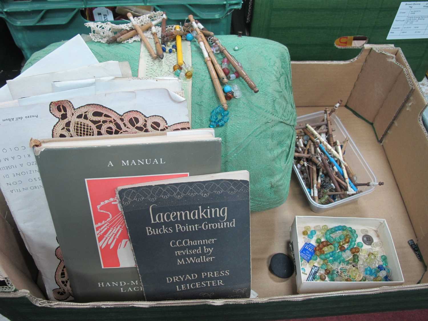 Lot 1079 - Lace Makers Bobbins, Lace Makers Cushion, a
