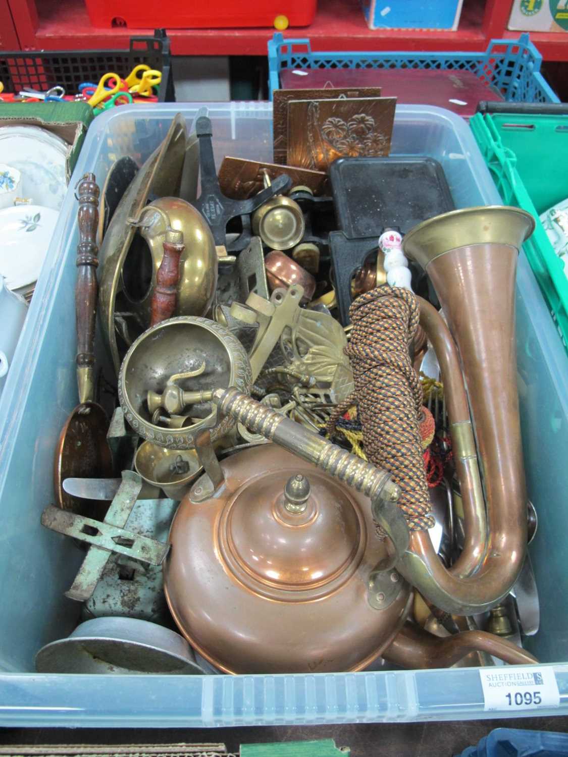 Lot 1095 - Scales, copper bugle and kettles, brassware,