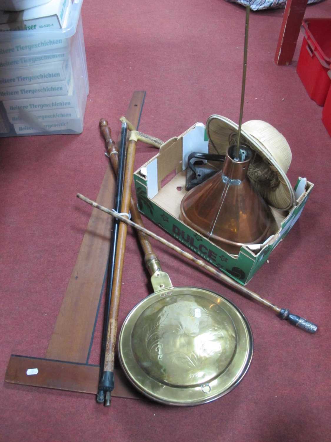 Lot 1112 - Brass warming pan, copper funnel, flat iron,