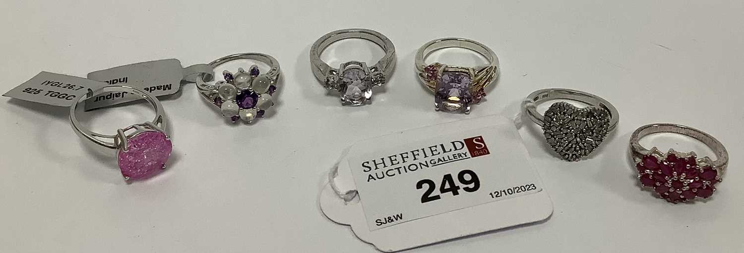 Lot 249 - Six Modern Dress Rings, including "925"