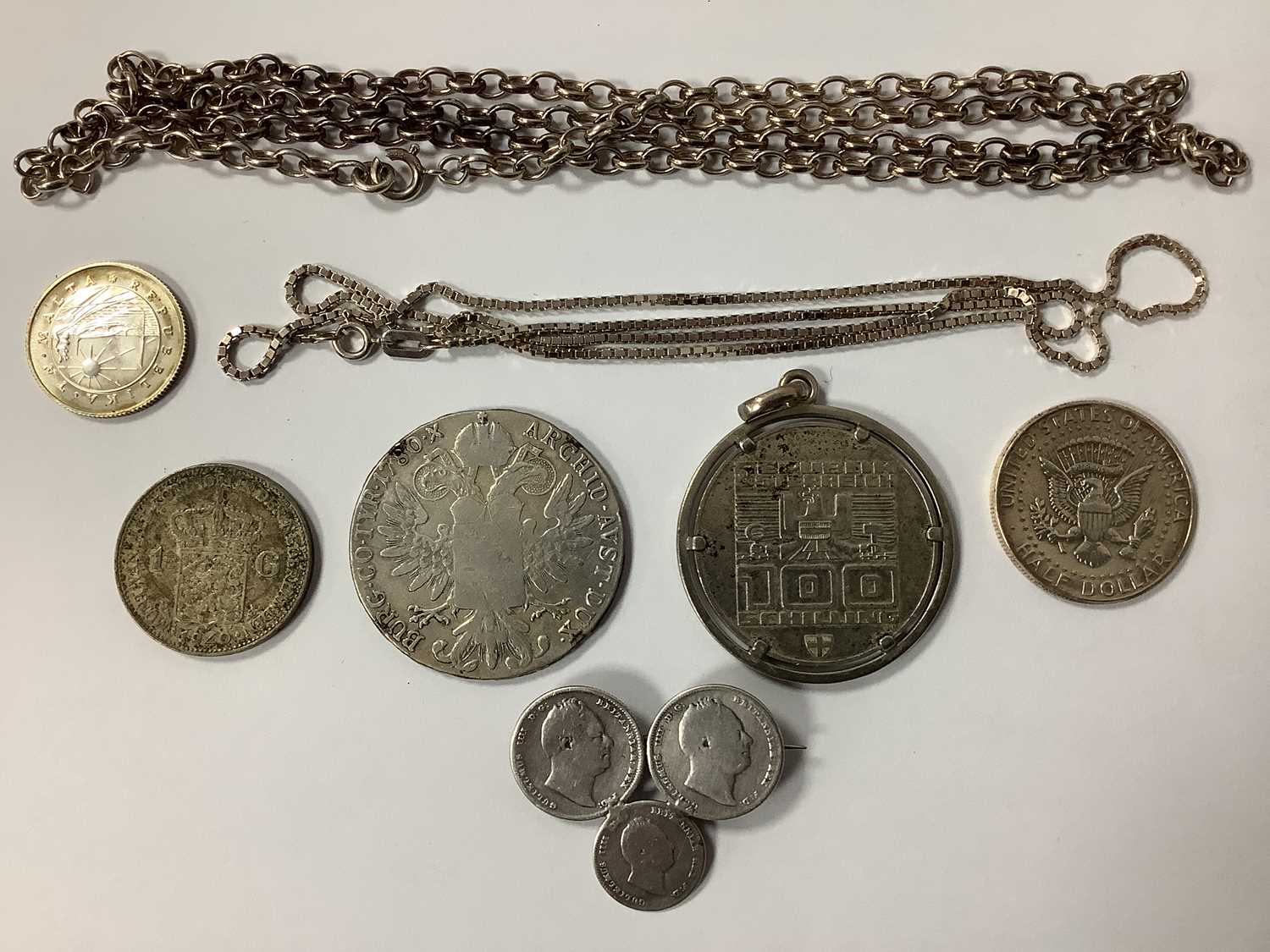 Lot 474 - Collection Of Silver Coins And Chains,