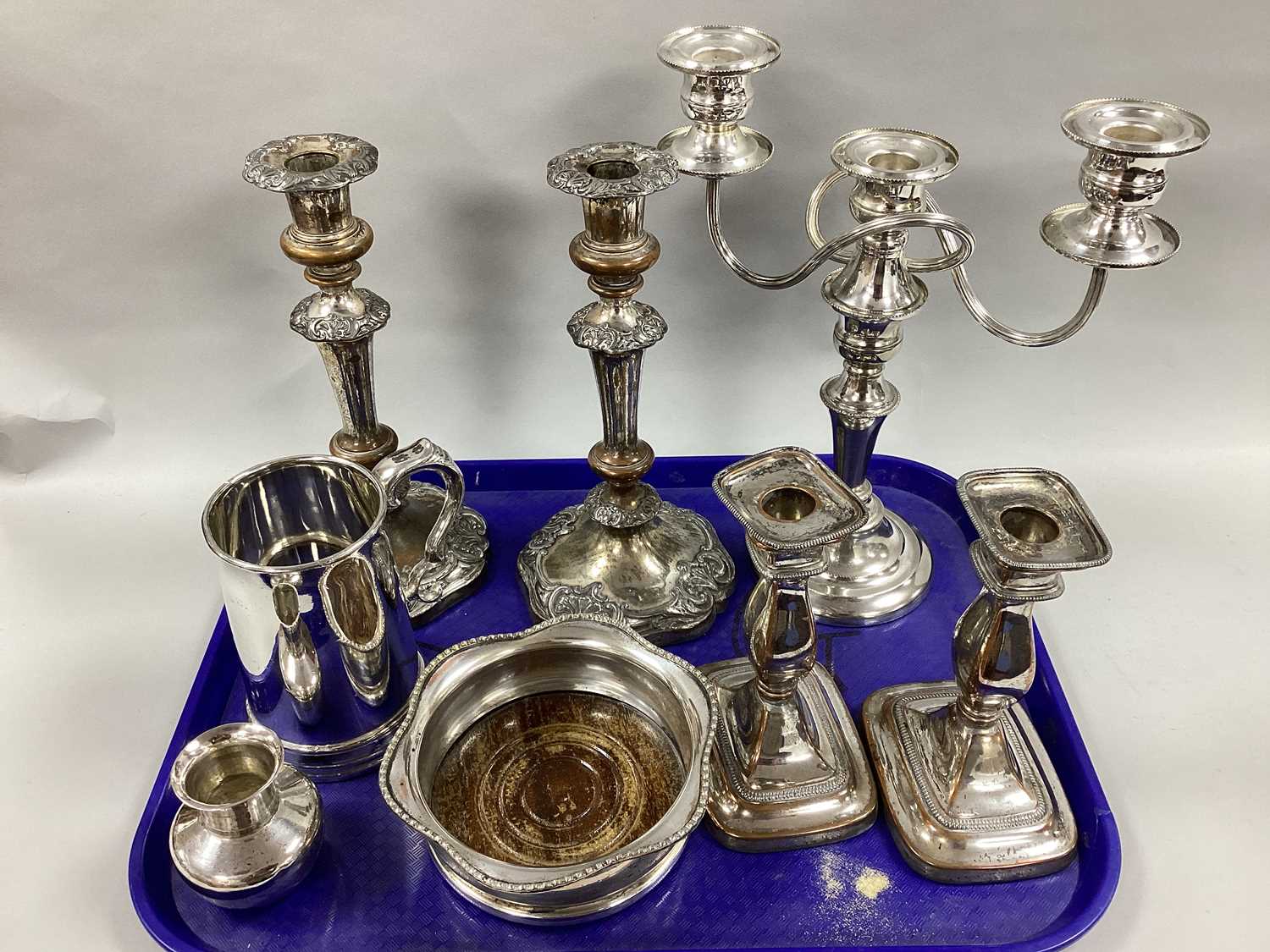 Lot 9 - Plated on Copper Candlesticks, a twin branch