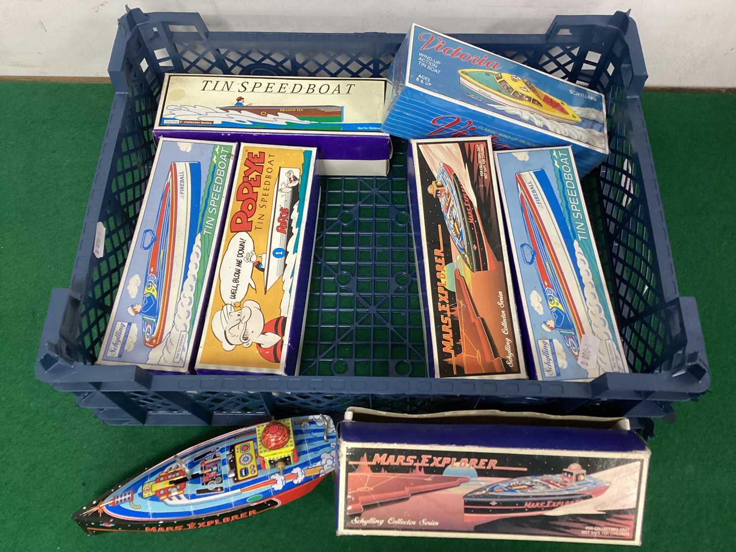 Lot 644 - Seven Tinplate Clockwork Model Boats by