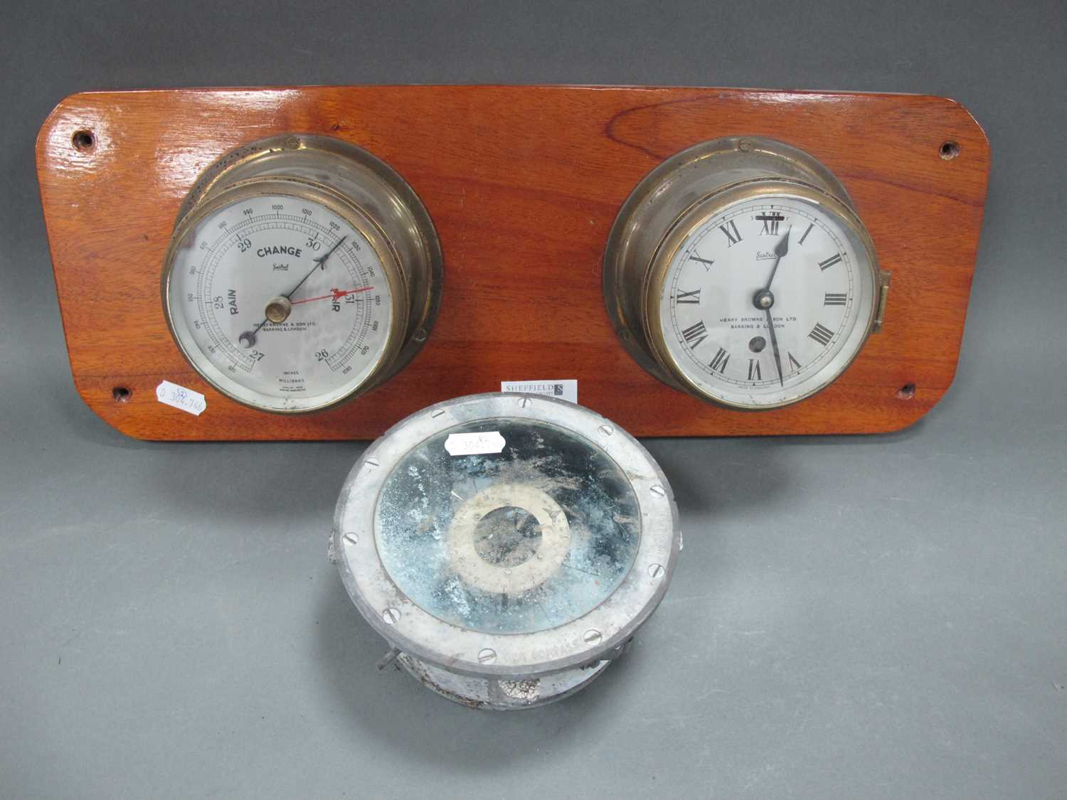Lot 1306 - O2A Compass. Sestrel barometer and clock by