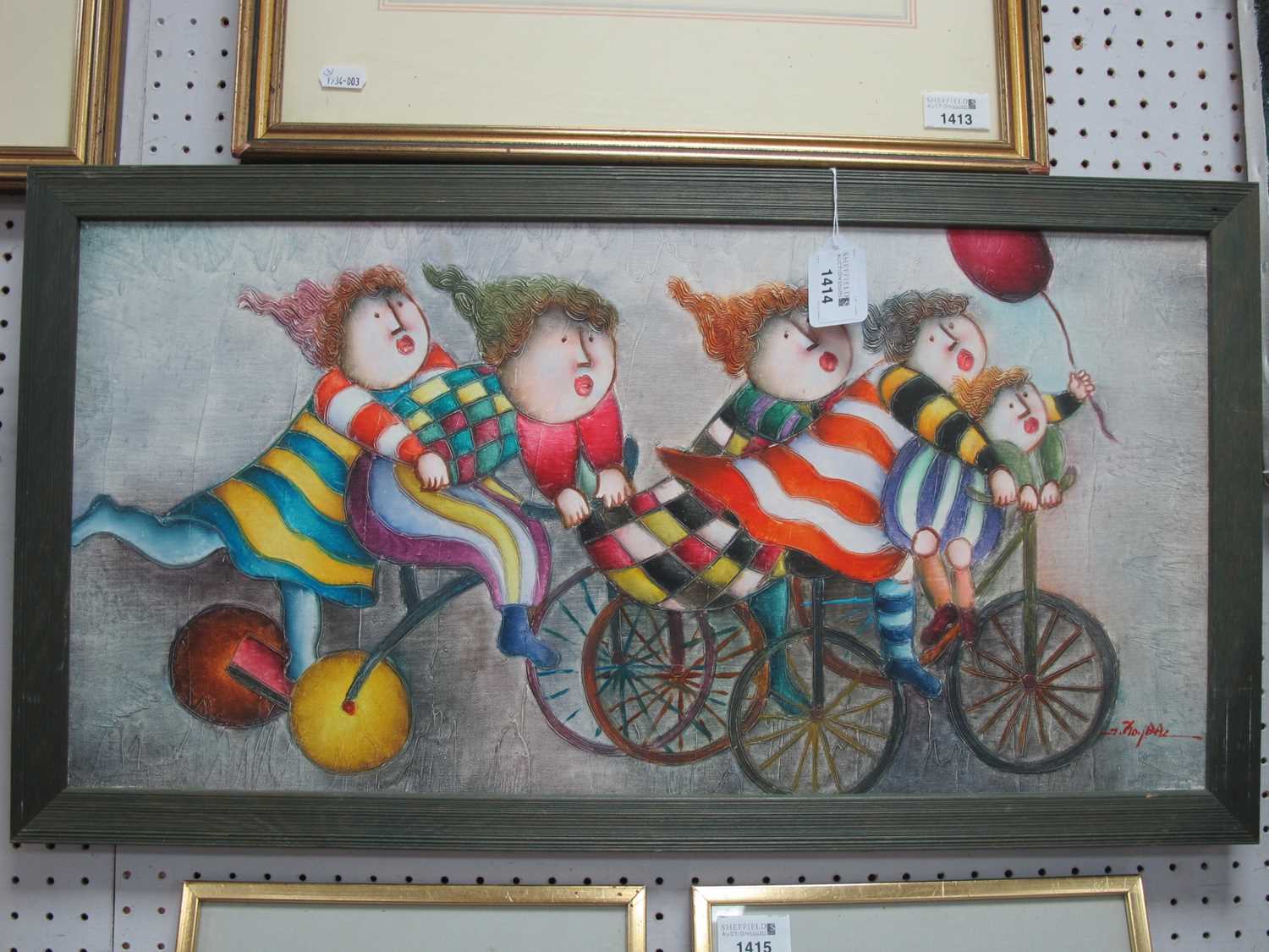 Lot 1414 - Joyce Royabl (Born 1955) Cyclists, oil on