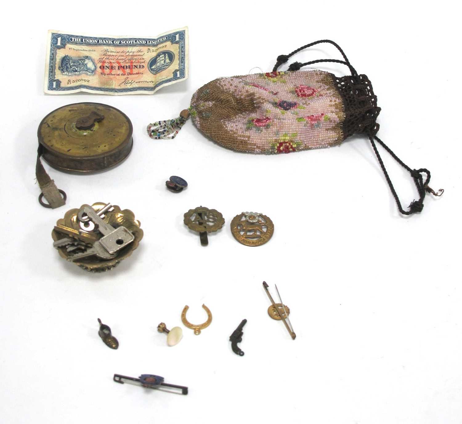 Lot 1324 - Beadwork Bag, 50 feet tape measure, 1953
