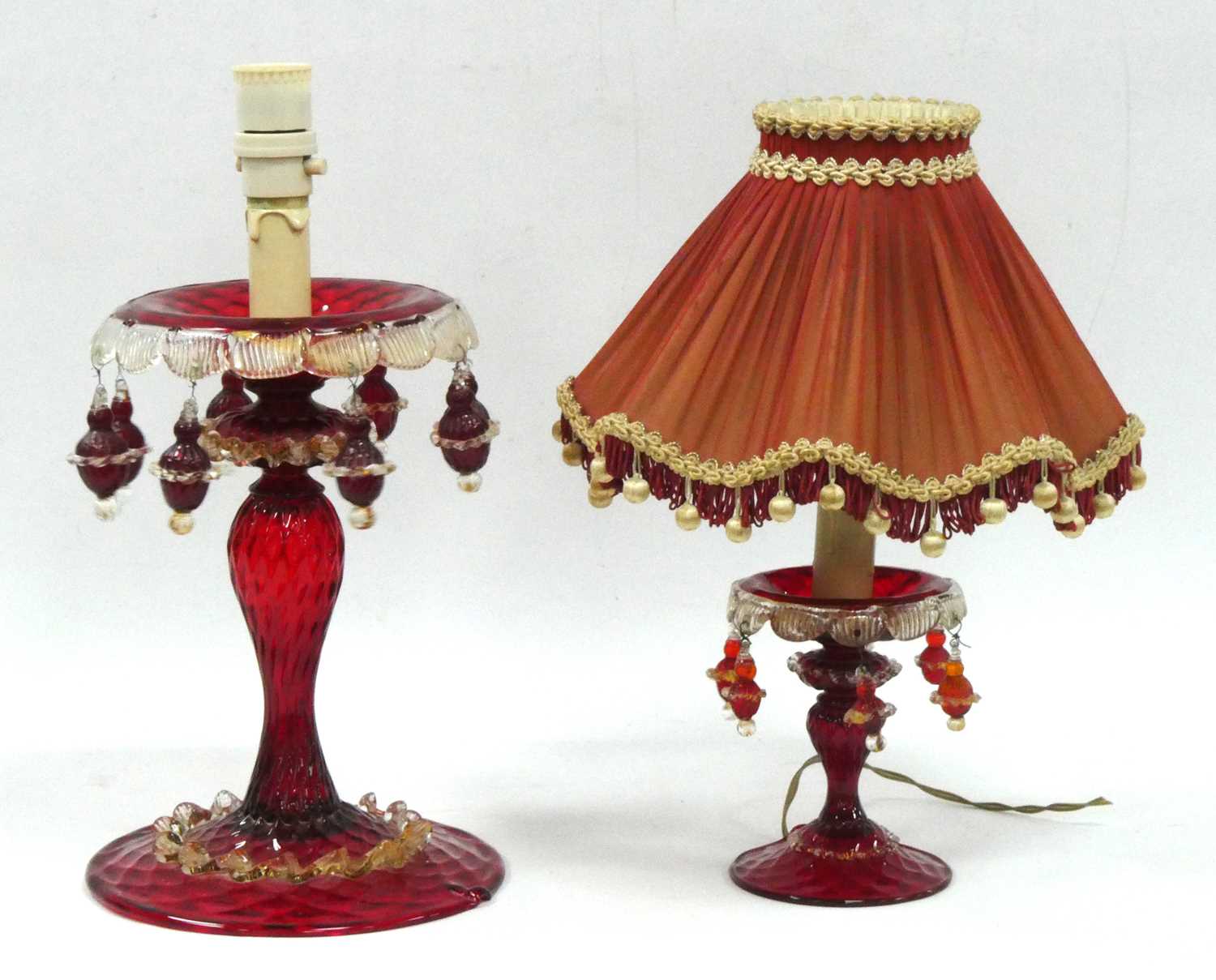 Lot 1183 - Two Venetian Ruby Glass Table Lamps with