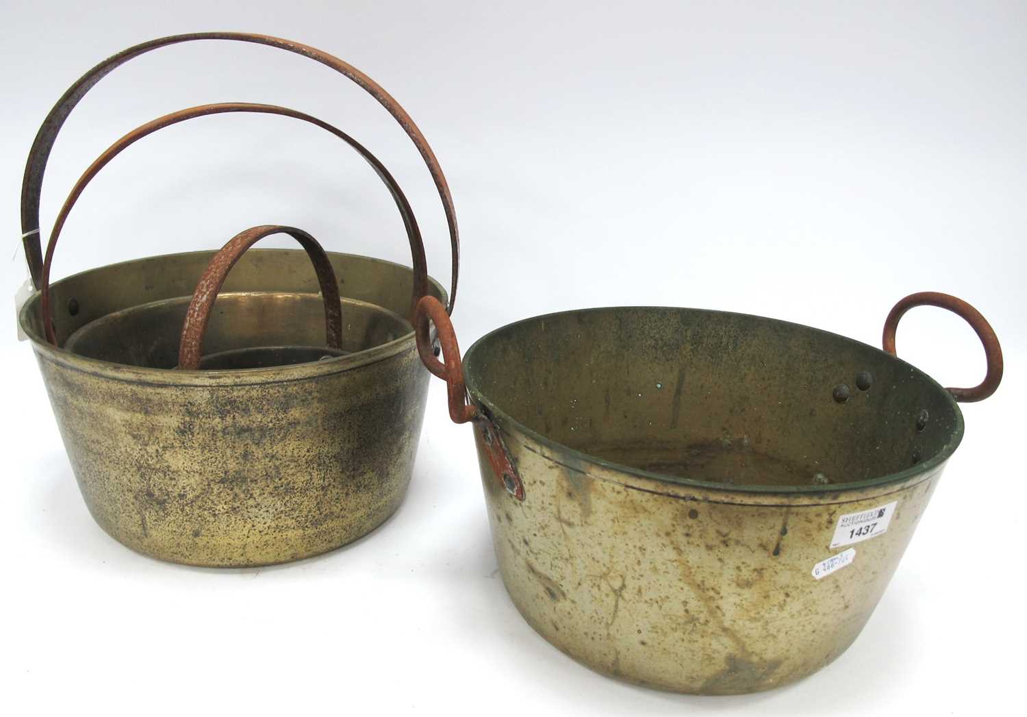 Lot 1437 - Three Graduated XIX Century Brass Jam Pans,
